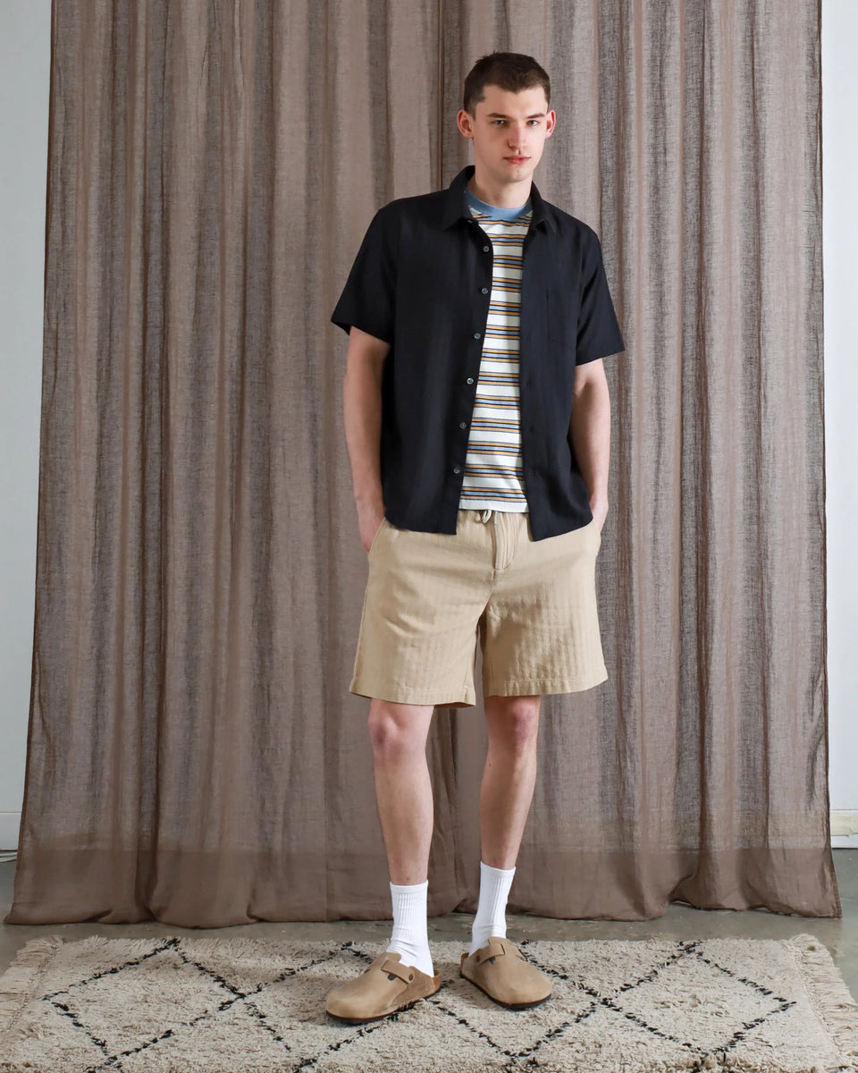 Far Afield Classic Short Sleeve Shirt- Meteorite Black Herringbone