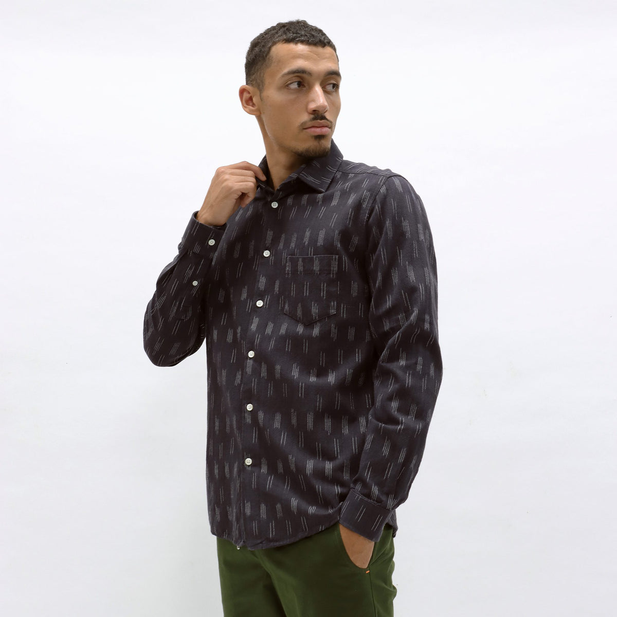 Far Afield Classic Long Sleeve Shirt- Ikat Stripe Navy